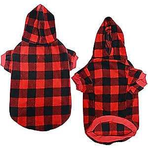 Plaid Dog Hoodie Pet Fleece Sweater Winter Coat with Hat for Small Medium Large Dogs Red and Black L