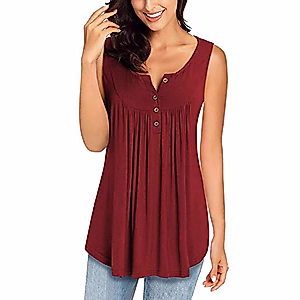 MIROL Womens Fall Sleeveless Long Sleeve V Neck Solid Color Casual Swing Flowy Tank Tops with Buttons, Wine, XX-Large