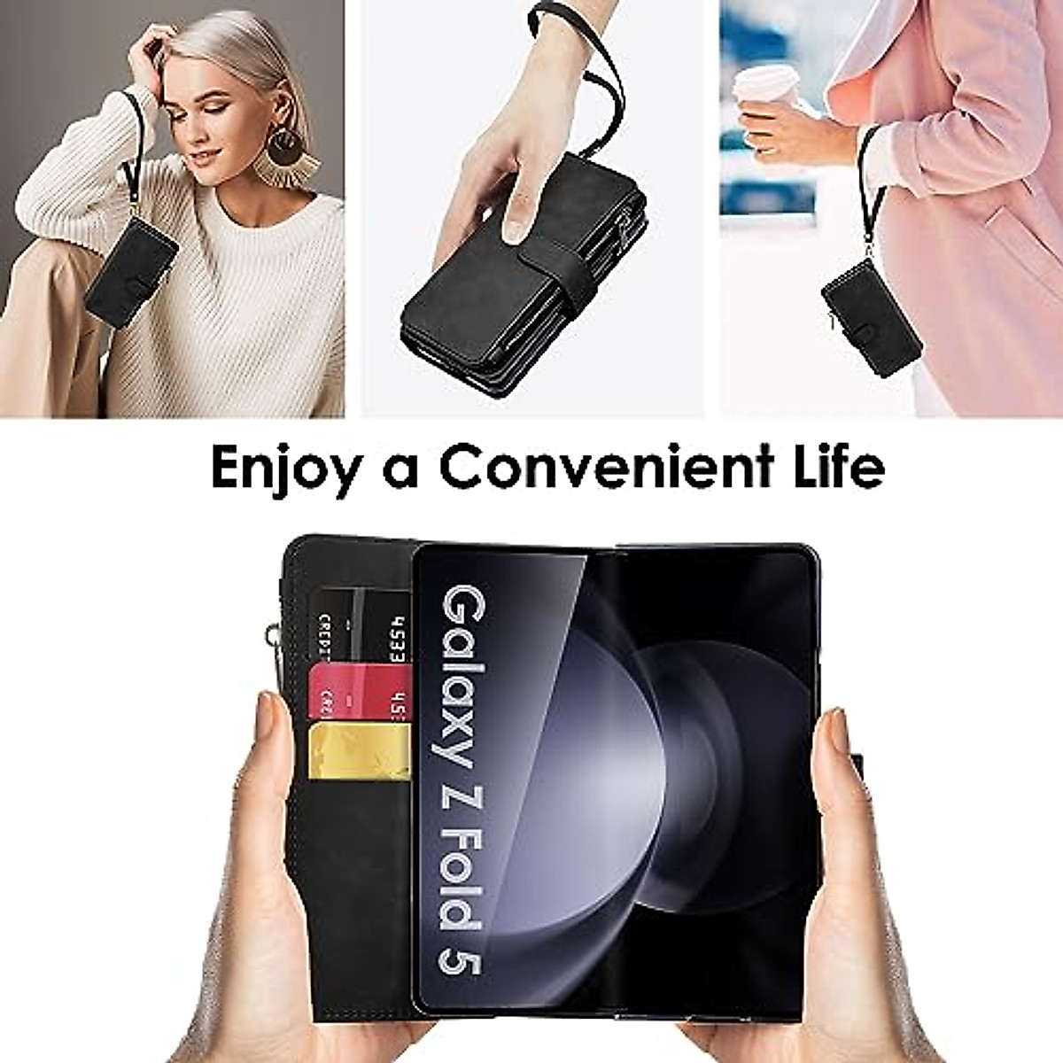 ZIULQIK for Samsung Galaxy Z Fold 5 Case, PU Leather Z Fold 5 Wallet Cases with S Pen Holder & Wrist Crossbody Strap & Card Holder Black