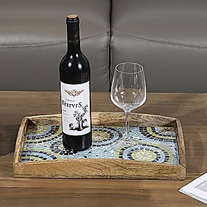 MyGift Mango Wood Serving Tray with Intricate Glass Mosaic Design, Rectangular Decorative Tray with Cutout Handles - Handcrafted in India