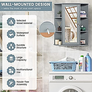 COSTWAY Wall Mounted Bathroom Cabinet - Storage Organizer with Mirror Door, Adjustable Shelves & 6 Open Racks, Space-Saving Hanging Medicine Cabinet for Living Room Kitchen Entryway (Gray)