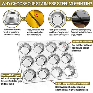 TeamFar 12-Cup Muffin Pan, Stainless Steel Cupcake Pans Muffin Tin Set for Oven Baking Mini Brownies Quiches Tarts, Non Toxic & Regular Size, Dishwasher Safe – Set of 2