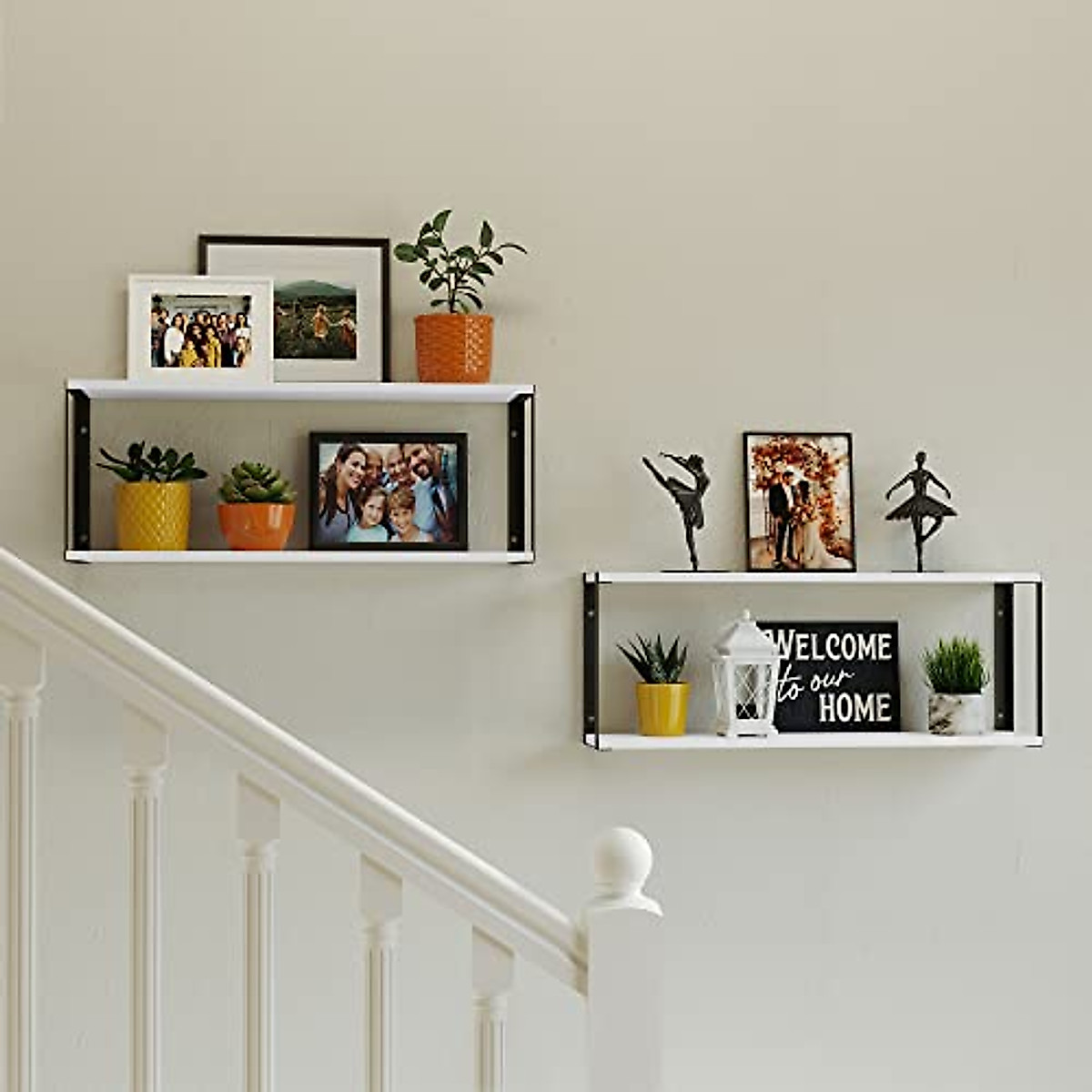 Wallniture Roca White Floating Shelves for Wall Storage, 24"x6" Floating Bookshelf for Living Room Decor, 2 Tier Wood Shelf Set of 2