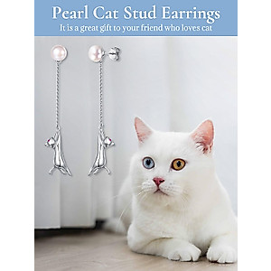 Kitten Drop Earrings for Women Elegant Pearl Stud 925 Sterling Silver Cat Dangle Earrings