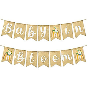 2 Pieces Baby in Bloom Shower Hanging Banner Decoration, Boho Burlap Flag Banner Garland Baby Room Decorations for Boys Girls, Gender Reveal Floral Theme Party Supplies Welcome Newborn Baby Decor