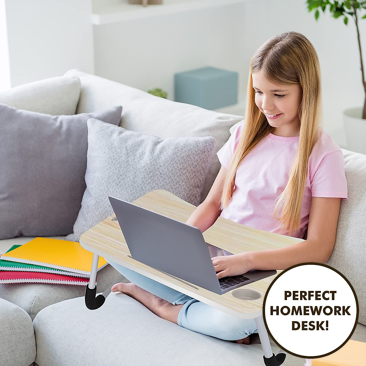 Folding Lap Desk for Bed and Sofa - Portable Wide Surface Bed Desk with Built-in Cup Holder and Tablet or Phone Slot for Working, Studying, Eating, and Watching Movies (Beige)