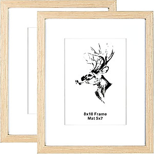 Yaetm 8x10 Picture Frame Matted to 5x7 Set of 2, Solid Oak Wood Photo Frames with Tempered Glass, 8 by 10 Wooden Picture Frames Display on Tabletop or Wall Mounting (2 Pack, Oak)