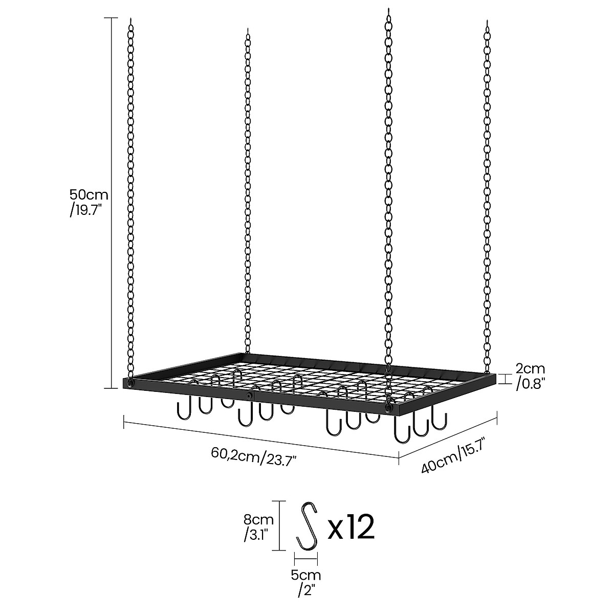 CHOEZON Hanging Pot Rack, Ceiling Mounted Pot Hanger for Kitchen, Metal Cookware Storage Organizer with 12 Hooks, for Storage of Cookware, Utensils in Kitchen, 23.7" L, Black TPR03BB