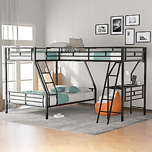 SZUBEE Twin-Over-Full Metal L-Shaped Triple Bunk Bed with a Twin Size Loft Bed & Desk, Space Saving Bedroom Furniture for Kids Teens, Black
