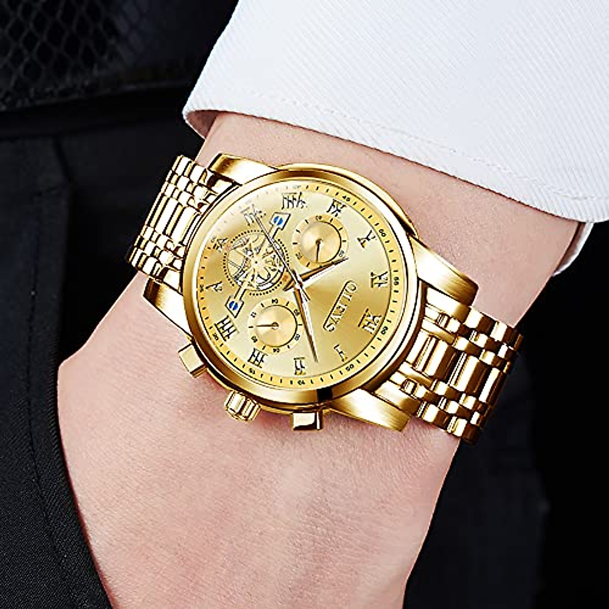OLEVS Gold Watches for Men Men's Wrist Watches Gold Watch Men Luxury Dress 14K Gold Plated Stainless Steel Watch for Men Waterproof Quartz Gold Watch Classic Mens Watches Gift,relojes para Hombres