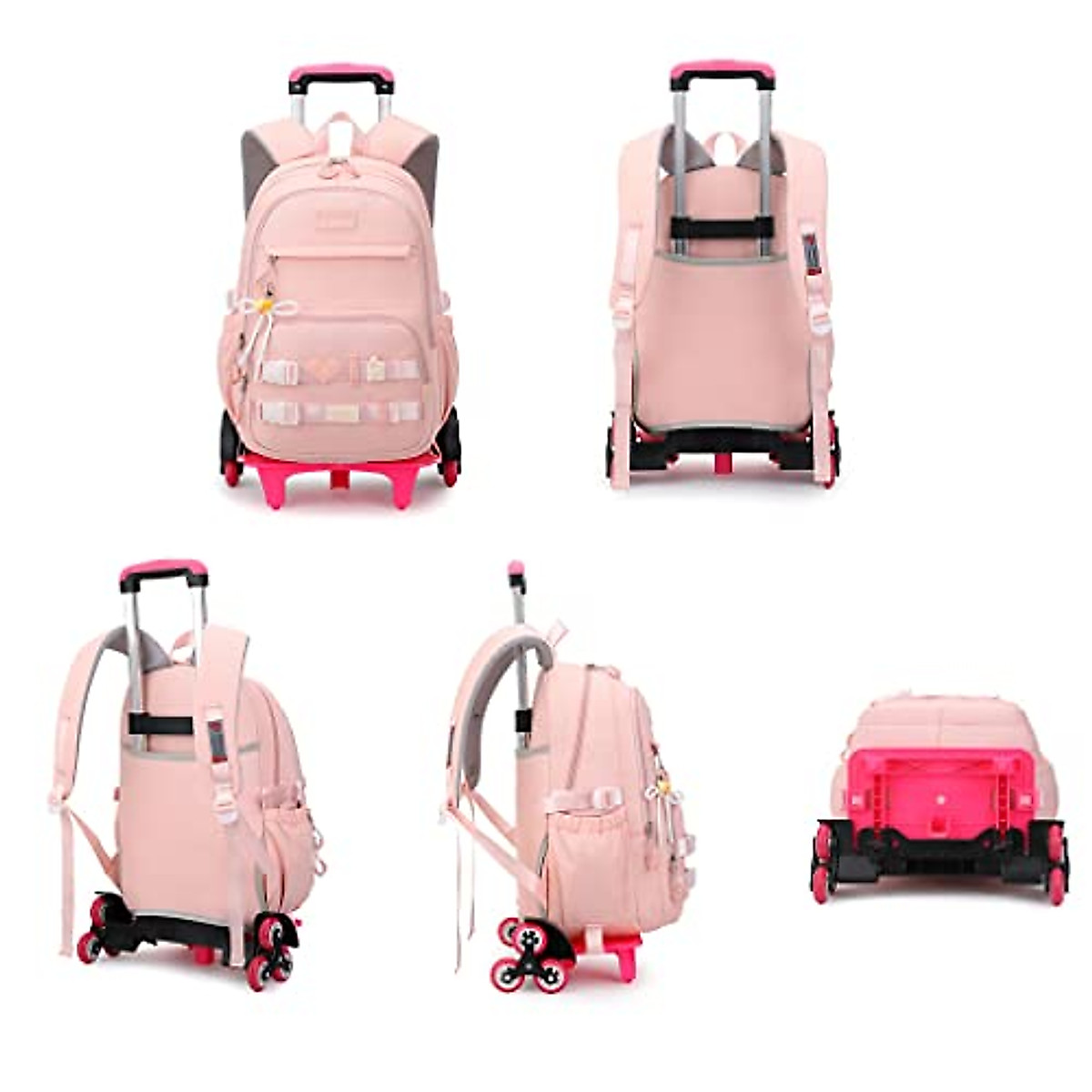 MITOWERMI Girls Rolling Backpack for School Boys Wheeled Backpacks for Women Kids Trolley Bags Pink Roller Bookbag for Elementary Middle Students