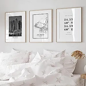 Dear Mapper Abu Dhabi United Arab Emirates View Abstract Road Modern Map Art Minimalist Painting Black and White Canvas Line Art Print Poster Home Decor (Set of 3 Unframed) (16x24inch)