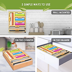 SERHINA Storage Bag Organizer for Kitchen Drawer - Foil and Plastic Wrap Organizer with Cutter - Plastic Bag Organizer - Food Baggie Storage for Sandwich Snack Gallon Quart