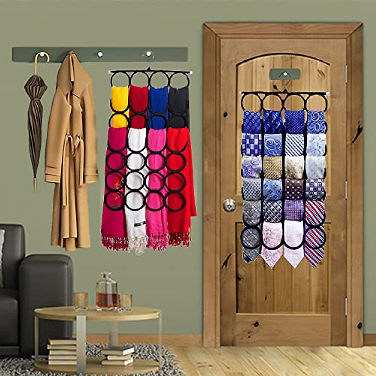 Scarf Hanger ~ Multiple Purpose Holder for Closet ~ Clutter Removing and Space-Saving Hanger for Scarves, Shawl, Belts & Accessories ~ Scarf Hanger 28 Rings (Black)