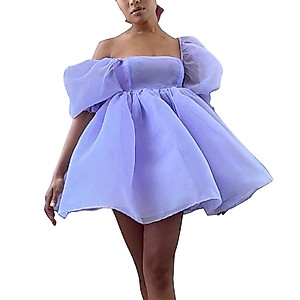 Pejihota Womens Off-Shoulder Ruffled Fluffy Short-Sleeved Mesh Party Mini Princess Dress (XXL, Purple)