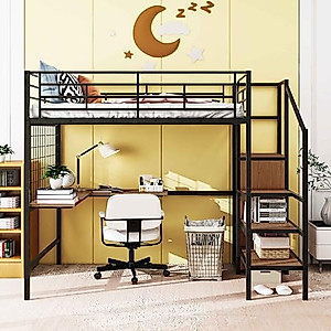 ATY Full Size Loft Bed with L-Shaped Desk and Wardrobe &Storage Shelves, Stairway Metal Bedframe w/Grid, Save Space Design, for Bedroom, Dorm, No Spring Need Required, Black