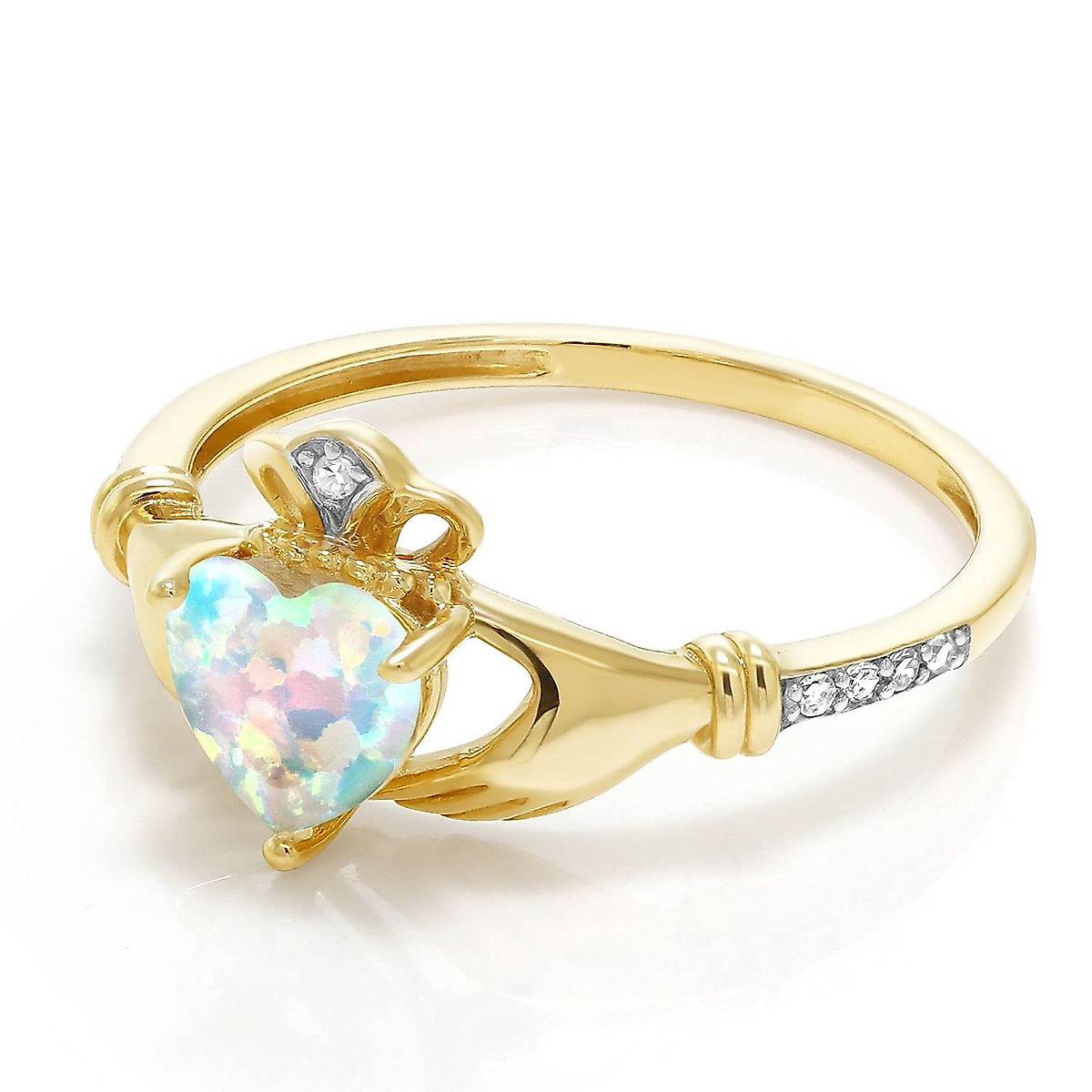 Gem Stone King 10K Yellow Gold Irish Celtic Claddagh White Simulated Opal and Diamond Accent Ring For Women (0.81 Cttw, Available in size 5, 6, 7, 8, 9)