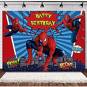 Red Spider Web Blue Stripe Photography Backdrop 7x5ft Vinyl Super Cityscape Photo Background Baby Boys Girls Happy Birthday Supplies Superhero Party Banner Cake Table Decorations Photo Booths