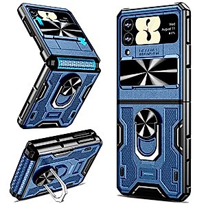 VEGO for Galaxy Z Flip 3 5G Case with Stand, Slide Camera Cover Hinge Protection 360°Rotate Ring Magnetic Kickstand Military Grade Heavy Duty Protection Armor Case for Samsung Z Flip 3 -Dark Blue