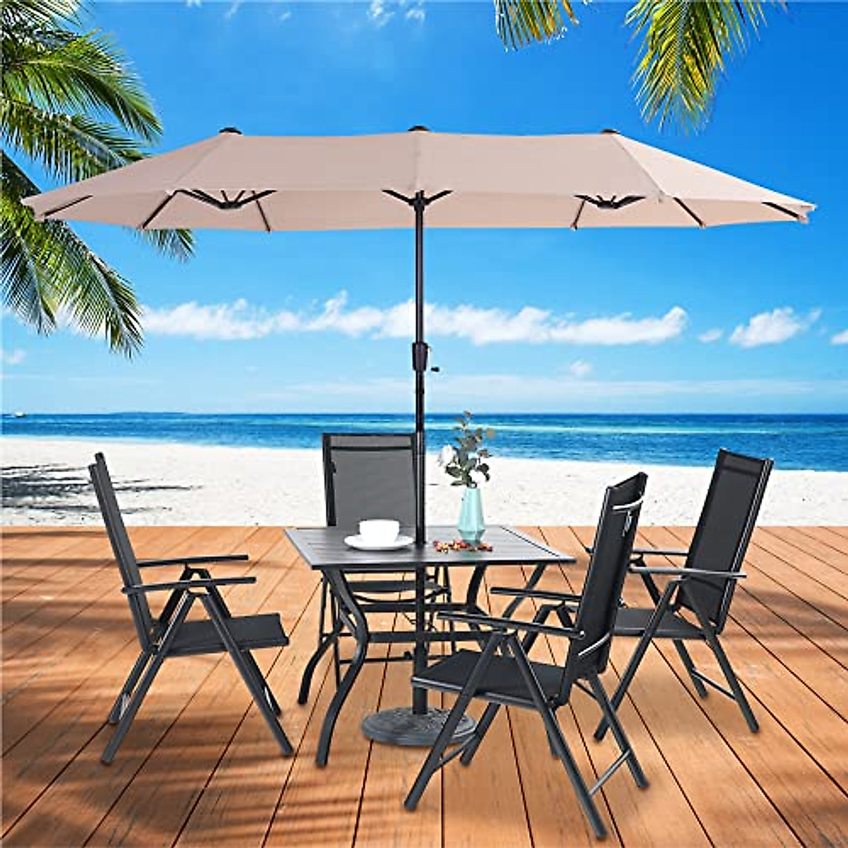 GREEN PARTY Patio Umbrella 13ft Outdoor Umbrella Double Sided Market Umbrella with Crank Twin Large Umbrella for Patio Garden Pool Backyard (Beige)