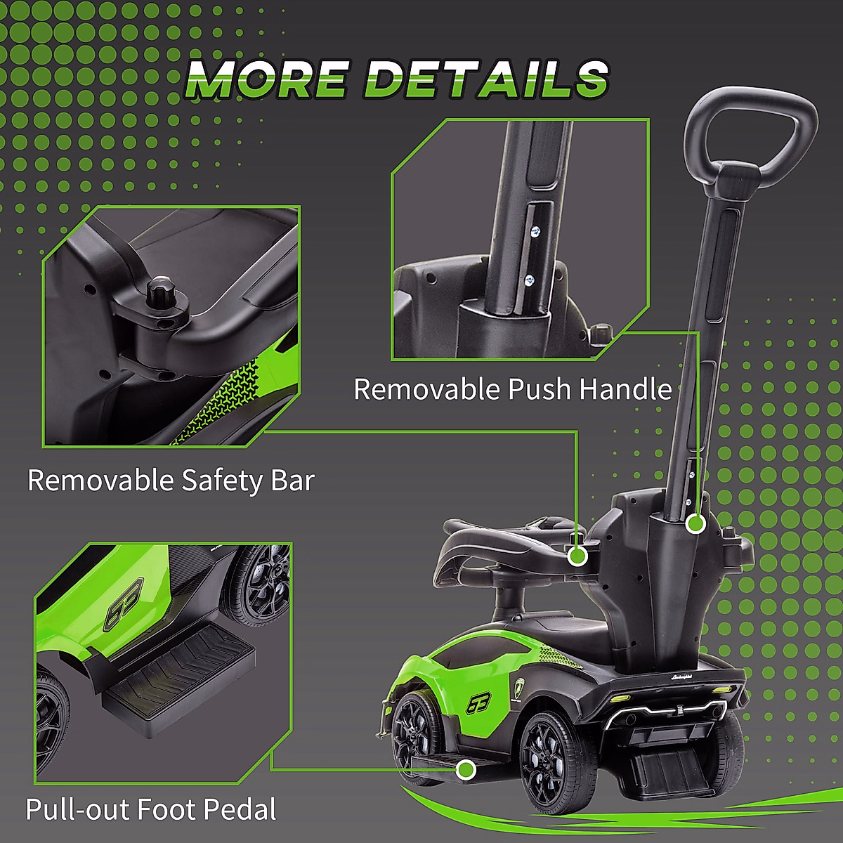 Aosom 2-in-1 Ride On Push Car for Toddlers 1-3, Licensed Lamborghini Stroller Sliding Car, Push-Along with Under Seat Storage Horn Engine Sound and Steering Wheel, Manual, Green