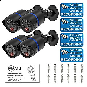 WALI Dummy Fake Simulated Surveillance Security CCTV Dome Camera Indoor Outdoor with One LED Light, Warning Security Alert Sticker Decal (TC-B4), 4 Packs, Black