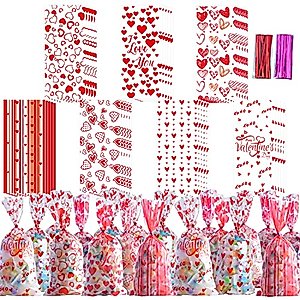 WOONOO 200PCS Valentines Gift Bags Valentine Cellophane Treat Bags for Kids, 7 Designs Valentine Goodies Bags for Treat With Twist Ties for Valentines Party Supplies Cookie Bags