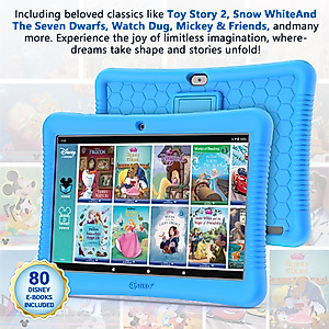 Kids Tablet, Contixo K102 10 Inch Kids Learning Tablet Bundle with $300 Disney E-Books, Kids Wireless Headphone and 10-inch Tablet Bag, with Kickstand and Stylus, Blue-Set