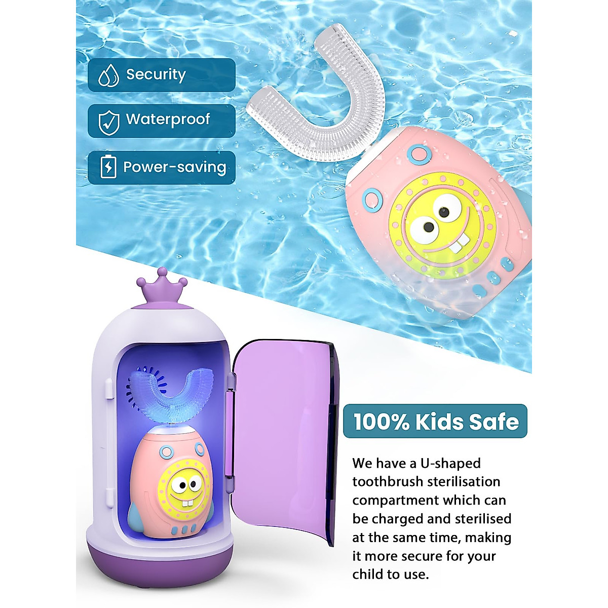 FTOYIN Kids U Shaped Electric Toothbrush, Kids Electric Toothbrushes with 5 Modes, Sonic Toothbrush Kids IPX7 Waterpoof with 3 Brush Heads, 360° Automatic Toothbrush Kids for Age 2-12