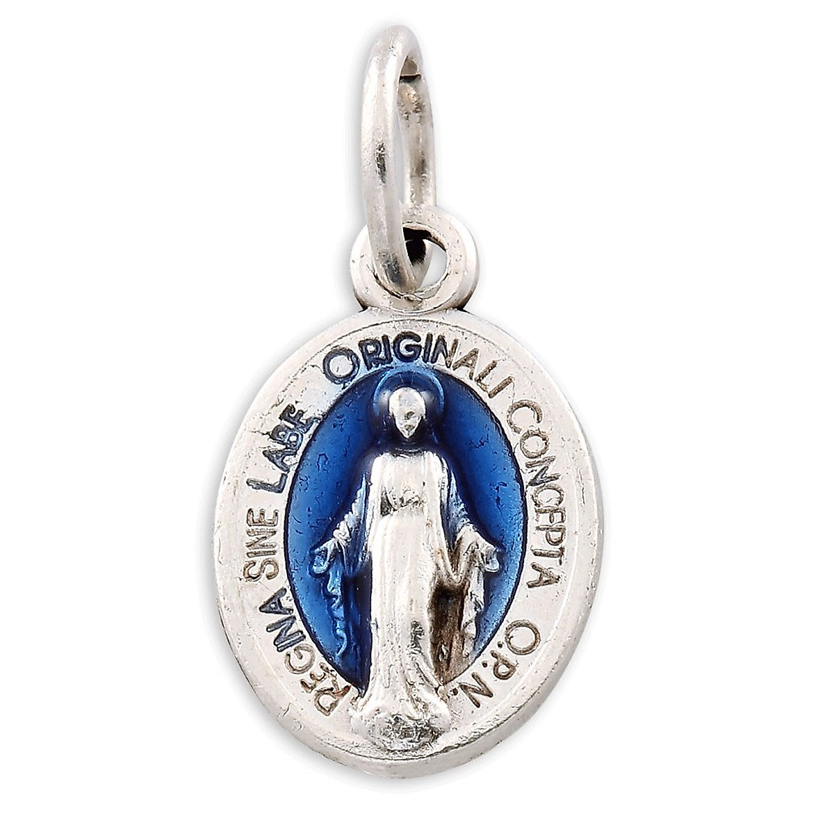 Catholica Shop Our Lady of Grace Mini Miraculous Medal Pendant - Silver Tone with Blue Enamel - Made in Italy. Pack of 12 Units.