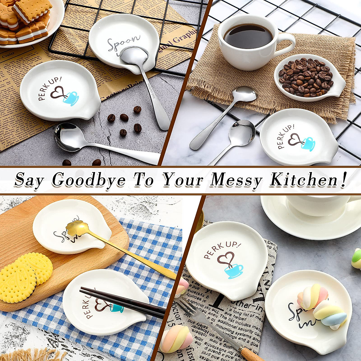 4 Pieces Coffee Spoon Rest and Spoon Small Teaspoon Holder Ceramic Coffee Spoon Holder Rests for Coffee Station Decor Stove Top Countertop Kitchen Accessories Nice Present for Coffee Lovers