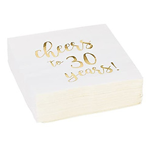 50 Pack Cheers to 30 Years Cocktail Napkins for 30th Birthday, Anniversary Party Supplies, 3-Ply, White and Gold Foil (5 x 5 In)