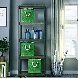i BKGOO Foldable Storage Cube Bins,Green Linen Fabric Collapsible Resistant Basket Box Organizer with Cotton Rope Handle for Home Office and Nursery 13x13x13 inch