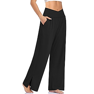 UEU Women Yoga Pants Wide Leg Comfy Loose Lounge Pajama Flowy Pants Pockets Casual Sweatpants Crossover High Waisted(Black, X-Large)