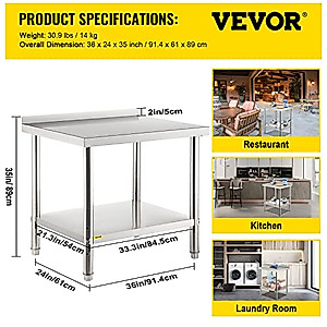 VEVOR Stainless Steel Prep Table, 36 x 24 x 35 Inch, 440lbs Load Capacity Heavy Duty Metal Worktable with Backsplash and Adjustable Undershelf, Commercial Workstation for Kitchen Restaurant