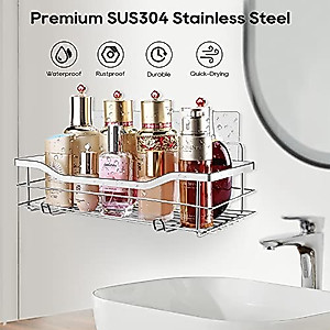 Shower Caddy Basket Rack with Hooks, Bathroom Shower Organizer Shelf, Adhesive Wall Mounted Rustproof Storage for Bathroom, Toilet, Kitchen, Dorm, No Drilling, 304 Stainless Steel, 2 Pack (Silver)