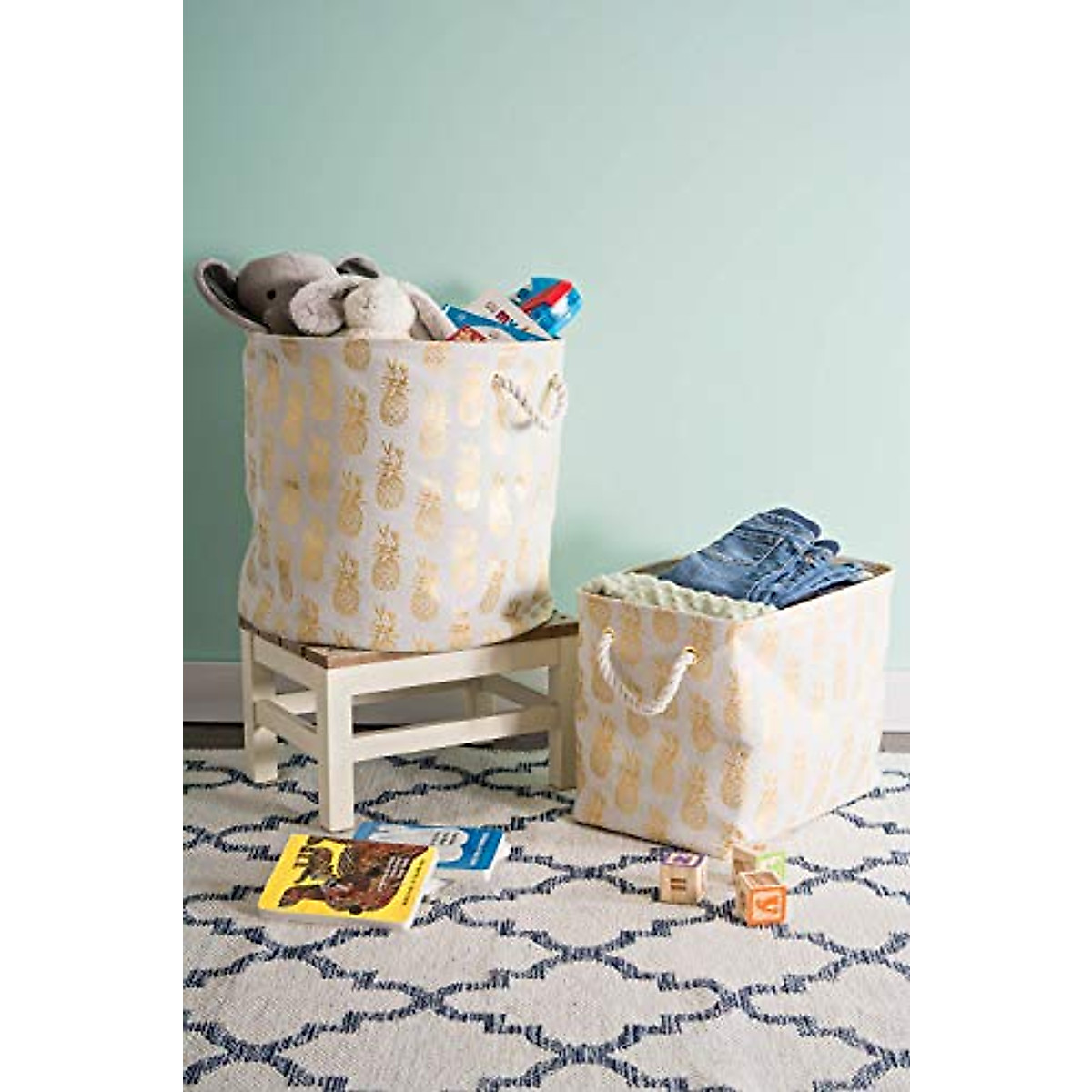 DII Polyester Storage Bin, Gold Metallic Collection Collapsible with Handles, Medium, Pineapple