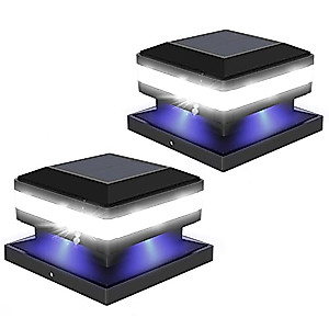 FVTLED Solar Post Lights, Outdoor Solar Post Cap Light Fits 4x4, 6x6 Wooden Posts, IP65 Waterproof High Brightness Cool White 6000K LED Post Lights for Patio Fence Deck Garden, 2 Pack (Black)