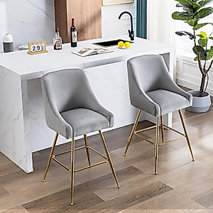 Restworld Velvet Bar Chair Set of 2, Furniture Series Modern Decoration, Polished Gold Metal Legs