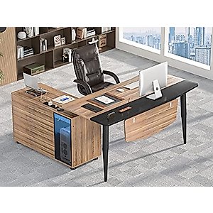 Unikito L Shaped Desk with Power Outlet and LED Light, 55 inch Executive Desk, Large L-Shaped Office Desk with Door, Corner Computer Desk with Lateral File Cabinet, Home Office Desk, Walnut and Black