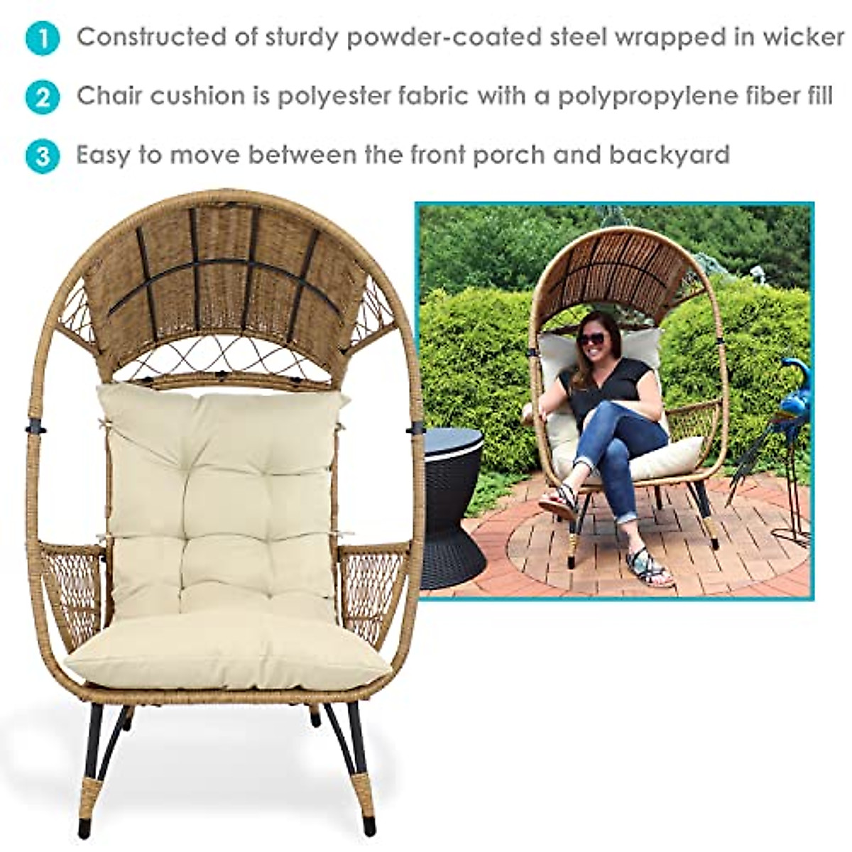 Sunnydaze Shaded Comfort Wicker Outdoor Egg Chair with Legs - Plush Polyester Cushion - 250-Pound Weight Capacity - for Patio, Front Porch, or Backyard - Beige