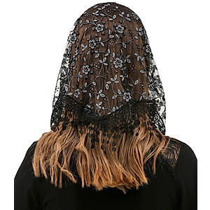 PAMOR Triangle Lace Veil Mantilla Cathedral Head Covering Chapel Veil for Mass Wedding Bridesmaids (Black)