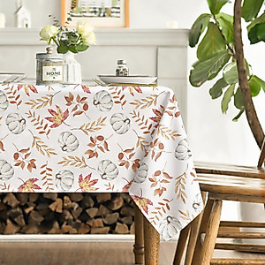 Horaldaily Fall Tablecloth 60x84 Inch, Thanksgiving Autumn Harvest White Pumpkin Orange Leaf Table Cover for Party Picnic Dinner Decor