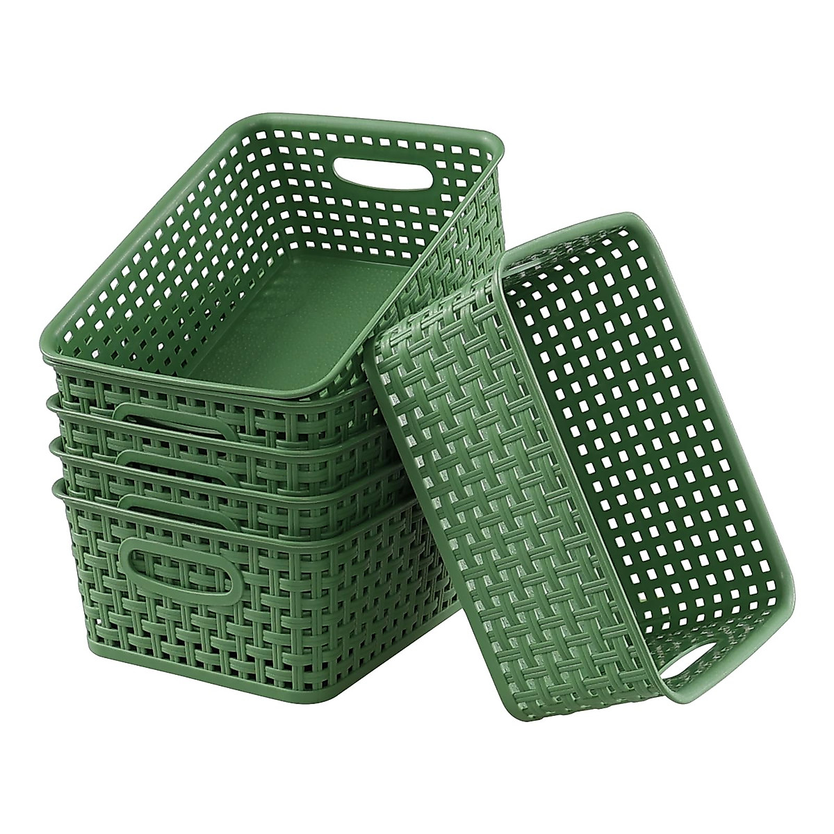 Sadstory Deep Green Plastic Woven Storage Basket, Plastic Shelf Basket, 6 Packs