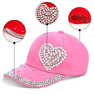 Toulite 3 Pcs Baseball Cap for Women Bling Heart Baseball Cap Studded Rhinestone Pearl Baseball Cap Shiny Baseball Cap for Women, Red Cream Pink