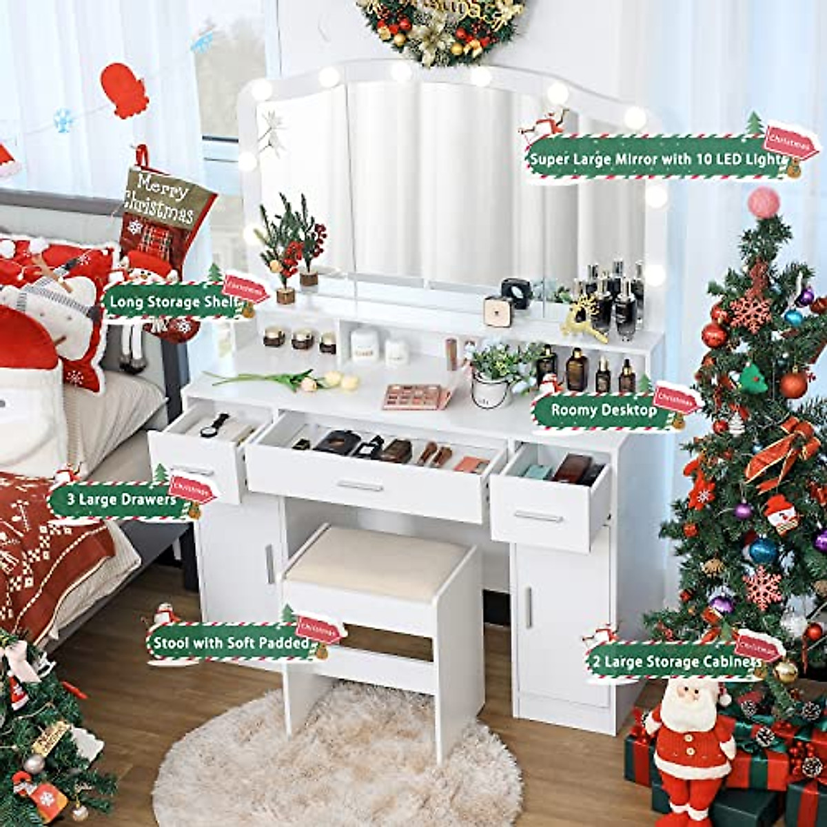 usikey Large Vanity Set with Large Lighted Mirror, Modern Makeup Vanity Table with 3 Drawers, 2 Storage Cabinets & 10 LED Bulbs, Dressing Table with Cushioned Stool for Women, Bedroom, White