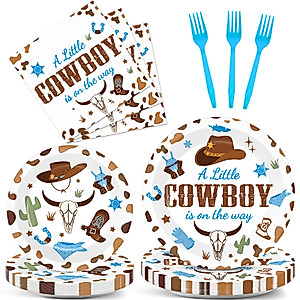 gisgfim 96Pcs Cowboy Baby Shower Plates and Napkins Party Supplies Western Cowboy Party Birthday Tableware Set A Little Cowboy is on the Way Party Decorations for Boy Baby Shower Serves 24