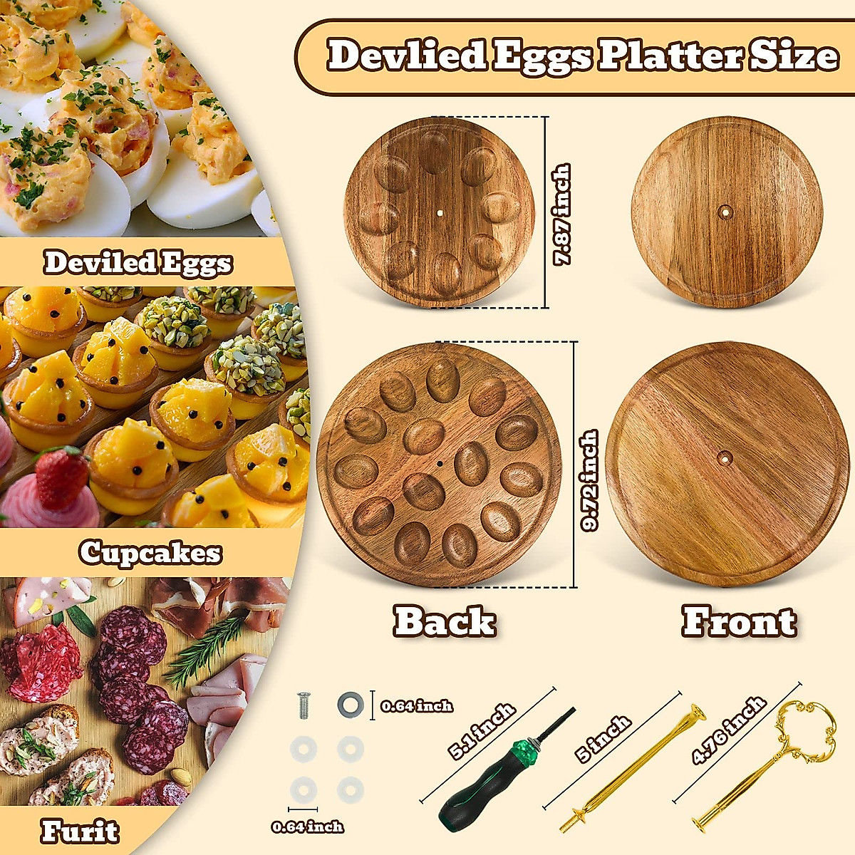 Honitra Double Wooden Deviled Egg Platter, 22 Holes Deviled Egg Plate, Reversible Deviled Egg Tray, Front as Easter & Thanksgiving Deviled Egg Container, Back as Cupcakes Stand & Serving Tray