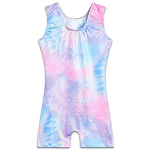 Gymnastics Leotards for Girls 7-8 Years Sparkly Purple Tie Dye Sleeveless Biketards Stretchy Tumbling Practicing Unitard
