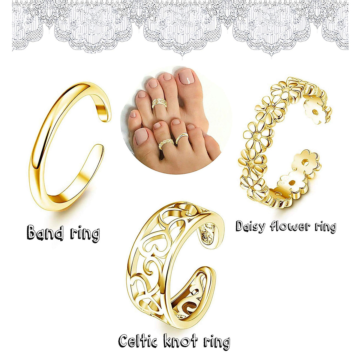 FIBO STEEL 10 Pcs Open Toe Rings for Women Vintage Retro Wave Flower Celtic Knot Arrow Tail Band Toe Ring Adjustable Gold-tone